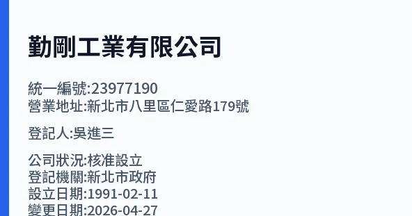 勤剛工業有限公司的照片-統編 23977190(新北市) 公司登記資料與營業項目詳細圖表
