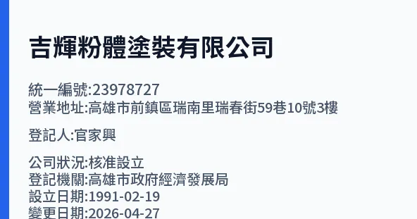 吉輝粉體塗裝有限公司的照片-統編 23978727(高雄市) 公司登記資料與營業項目詳細圖表