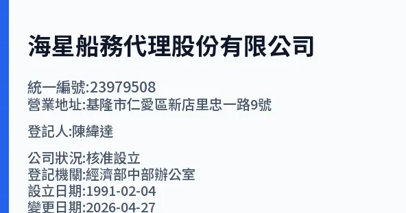 海星船務代理股份有限公司的照片-統編 23979508(基隆市) 公司登記資料與營業項目詳細圖表