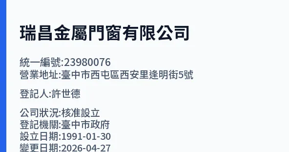 瑞昌金屬門窗有限公司的照片-統編 23980076(臺中市) 公司登記資料與營業項目詳細圖表