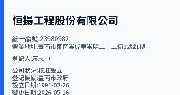 恒揚工程股份有限公司的照片-統編 23980982(臺南市) 公司登記資料與營業項目詳細圖表