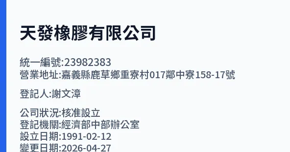 天發橡膠有限公司的照片-統編 23982383(嘉義縣) 公司登記資料與營業項目詳細圖表