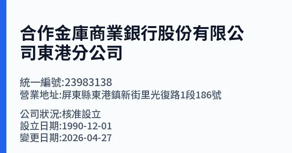 合作金庫商業銀行股份有限公司東港分公司的照片-統編 23983138(屏東縣) 公司登記資料與營業項目詳細圖表