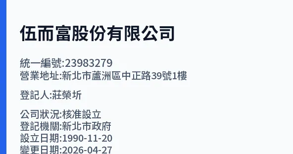 伍而富股份有限公司的照片-統編 23983279(新北市) 公司登記資料與營業項目詳細圖表