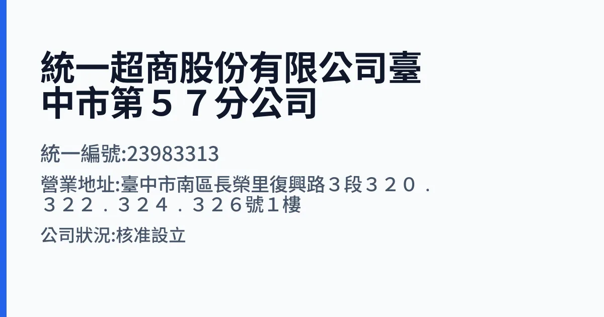 統一超商股份有限公司臺中市第５７分公司 - 統編 23983313(臺中市) 公司登記資料與營業項目詳細圖表