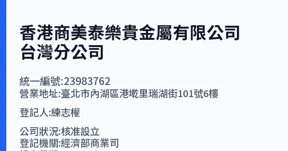 香港商美泰樂貴金屬有限公司台灣分公司的照片-統編 23983762(臺北市) 公司登記資料與營業項目詳細圖表