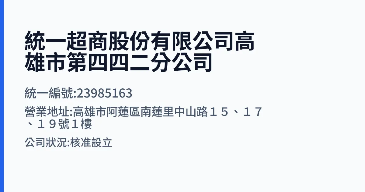 統一超商股份有限公司高雄市第四四二分公司 - 統編 23985163(高雄市) 公司登記資料與營業項目詳細圖表