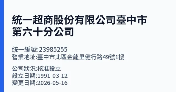 統一超商股份有限公司臺中市第六十分公司的照片-統編 23985255(臺中市) 公司登記資料與營業項目詳細圖表