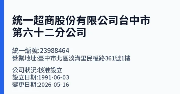 統一超商股份有限公司台中市第六十二分公司的照片-統編 23988464(臺中市) 公司登記資料與營業項目詳細圖表