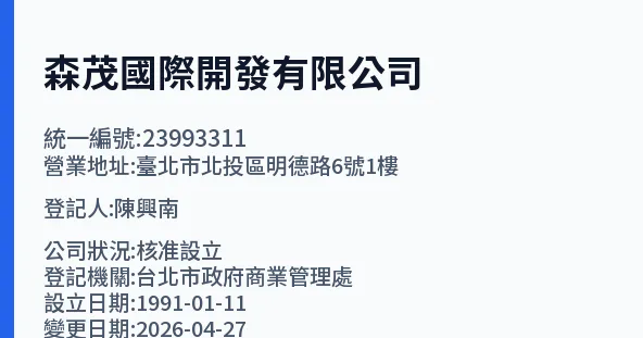 森茂國際開發有限公司的照片-統編 23993311(臺北市) 公司登記資料與營業項目詳細圖表