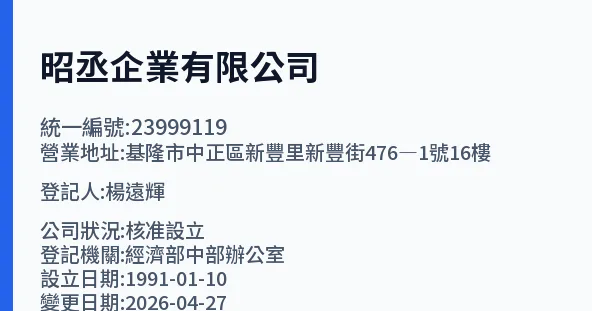 昭丞企業有限公司的照片-統編 23999119(基隆市) 公司登記資料與營業項目詳細圖表