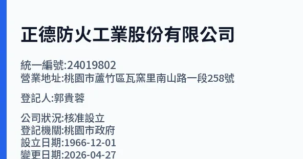 正德防火工業股份有限公司的照片-統編 24019802(桃園市) 公司登記資料與營業項目詳細圖表