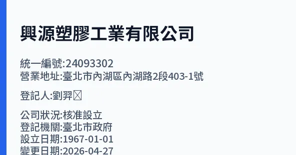 興源塑膠工業有限公司的照片-統編 24093302(臺北市) 公司登記資料與營業項目詳細圖表