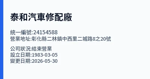 泰和汽車修配廠的照片-統編 24154588(彰化縣) 公司登記資料與營業項目詳細圖表