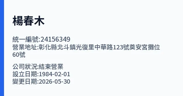 楊春木的照片-統編 24156349(彰化縣) 公司登記資料與營業項目詳細圖表