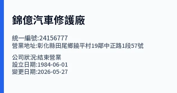 錦億汽車修護廠的照片-統編 24156777(彰化縣) 公司登記資料與營業項目詳細圖表