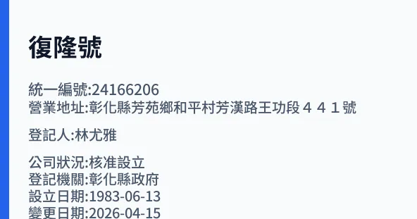 復隆號的照片-統編 24166206(彰化縣) 公司登記資料與營業項目詳細圖表