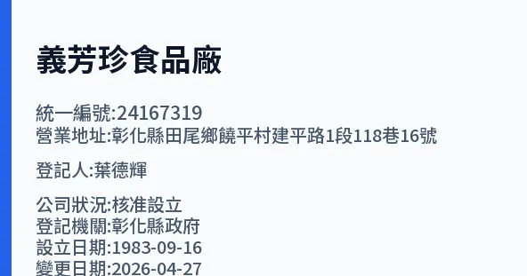 義芳珍食品廠的照片-統編 24167319(彰化縣) 公司登記資料與營業項目詳細圖表