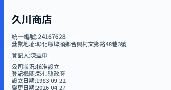久川商店的照片-統編 24167628(彰化縣) 公司登記資料與營業項目詳細圖表