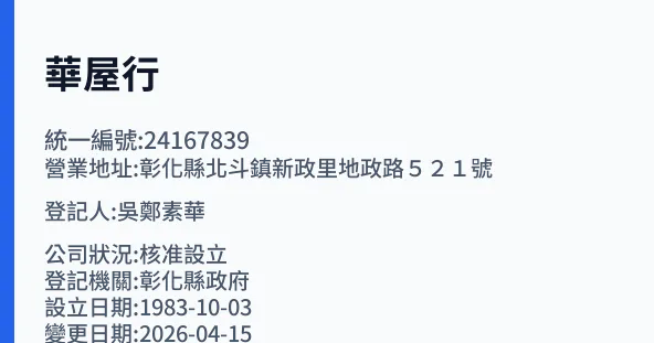 華屋行的照片-統編 24167839(彰化縣) 公司登記資料與營業項目詳細圖表