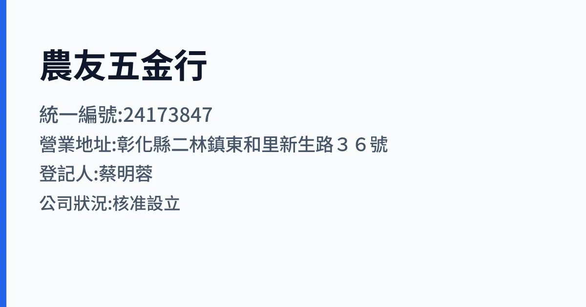 農友五金行 - 統編 24173847(彰化縣) 公司登記資料與營業項目詳細圖表