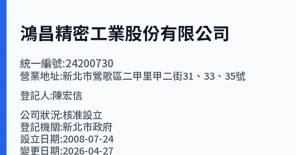 鴻昌精密工業股份有限公司的照片-統編 24200730(新北市) 公司登記資料與營業項目詳細圖表