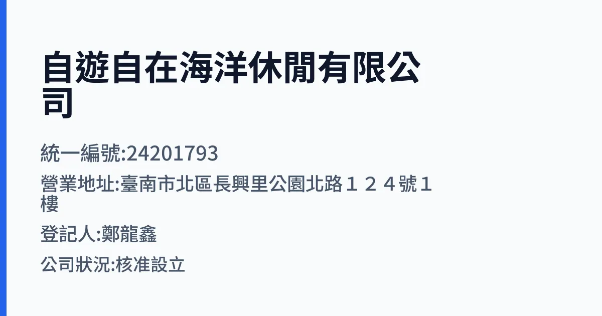 自遊自在海洋休閒有限公司 - 統編 24201793 (臺南市) 公司登記資料與營業項目詳細圖表