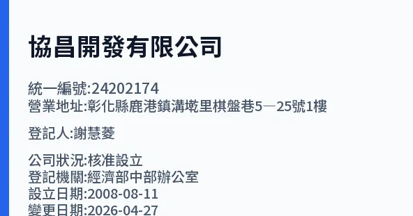 協昌開發有限公司的照片-統編 24202174(彰化縣) 公司登記資料與營業項目詳細圖表