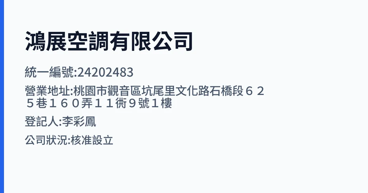 鴻展空調有限公司 - 統編 24202483(桃園市) 公司登記資料與營業項目詳細圖表