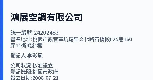 鴻展空調有限公司的照片-統編 24202483(桃園市) 公司登記資料與營業項目詳細圖表