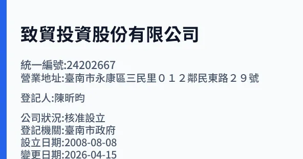 致貿投資股份有限公司的照片-統編 24202667(臺南市) 公司登記資料與營業項目詳細圖表