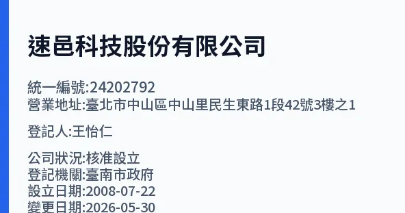 速邑科技股份有限公司的照片-統編 24202792(臺北市) 公司登記資料與營業項目詳細圖表