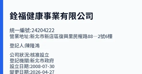 銓福健康事業有限公司的照片-統編 24204222(新北市) 公司登記資料與營業項目詳細圖表