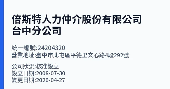 倍斯特人力仲介股份有限公司台中分公司的照片-統編 24204320(臺中市) 公司登記資料與營業項目詳細圖表