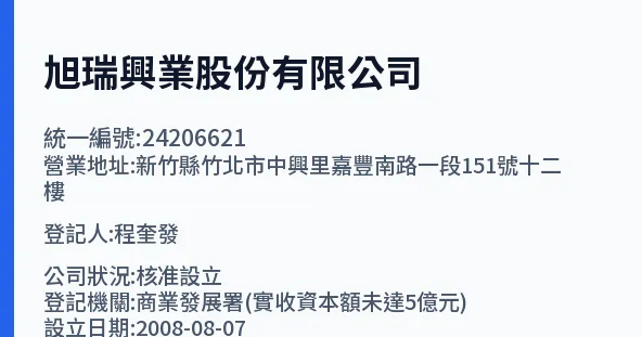 旭瑞興業股份有限公司的照片-統編 24206621(新竹縣) 公司登記資料與營業項目詳細圖表