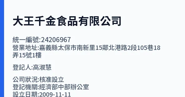 大王千金食品有限公司的照片-統編 24206967(嘉義縣) 公司登記資料與營業項目詳細圖表