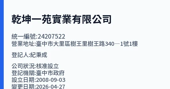 乾坤一苑實業有限公司的照片-統編 24207522(臺中市) 公司登記資料與營業項目詳細圖表