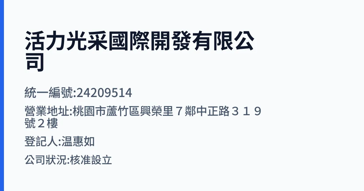 活力光采國際開發有限公司 - 統編 24209514(桃園市) 公司登記資料與營業項目詳細圖表