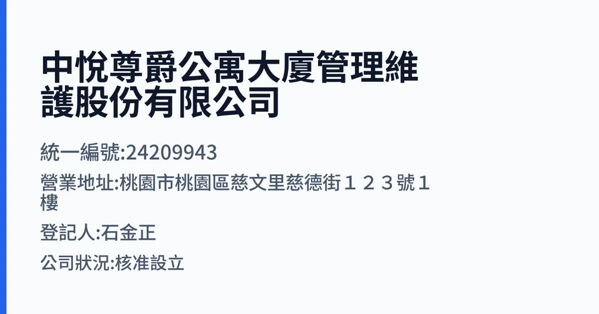 中悅尊爵公寓大廈管理維護股份有限公司 - 統編 24209943(桃園市) 公司登記資料與營業項目詳細圖表