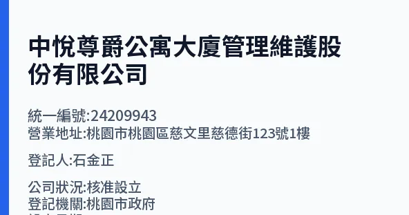 中悅尊爵公寓大廈管理維護股份有限公司的照片-統編 24209943(桃園市) 公司登記資料與營業項目詳細圖表