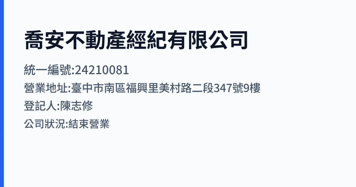 喬安不動產經紀有限公司 - 統編 24210081(臺中市) 公司登記資料與營業項目詳細圖表