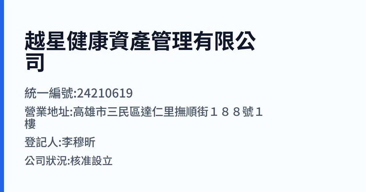 越星健康資產管理有限公司 - 統編 24210619(高雄市) 公司登記資料與營業項目詳細圖表