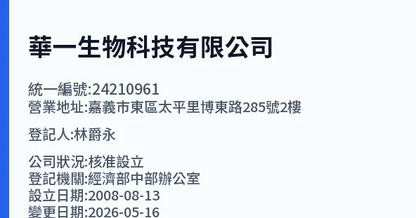 華一生物科技有限公司的照片-統編 24210961(嘉義市) 公司登記資料與營業項目詳細圖表