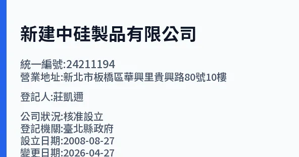 新建中硅製品有限公司的照片-統編 24211194(新北市) 公司登記資料與營業項目詳細圖表