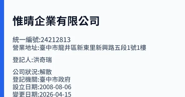惟晴企業有限公司的照片-統編 24212813(臺中市) 公司登記資料與營業項目詳細圖表