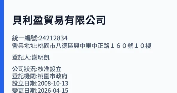 貝利盈貿易有限公司的照片-統編 24212834(桃園市) 公司登記資料與營業項目詳細圖表
