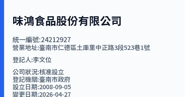 味鴻食品股份有限公司的照片-統編 24212927(臺南市) 公司登記資料與營業項目詳細圖表