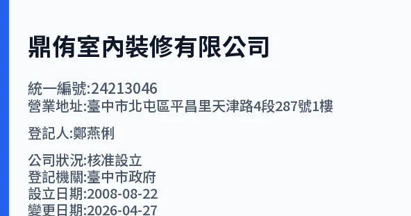 鼎侑室內裝修有限公司的照片-統編 24213046(臺中市) 公司登記資料與營業項目詳細圖表