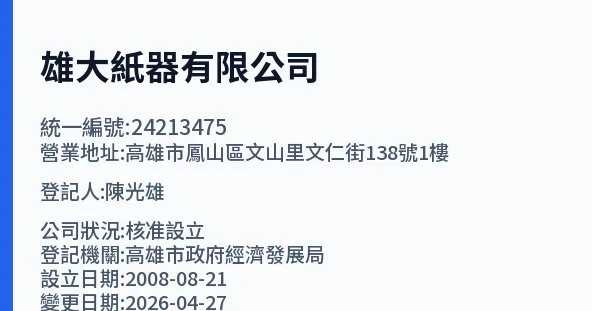雄大紙器有限公司的照片-統編 24213475(高雄市) 公司登記資料與營業項目詳細圖表