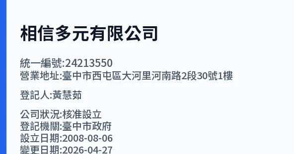 相信多元有限公司的照片-統編 24213550(臺中市) 公司登記資料與營業項目詳細圖表